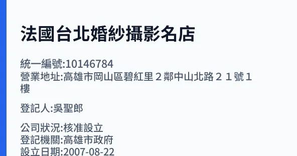 法國台北婚紗攝影名店的照片-統編 10146784(高雄市) 公司登記資料與營業項目詳細圖表