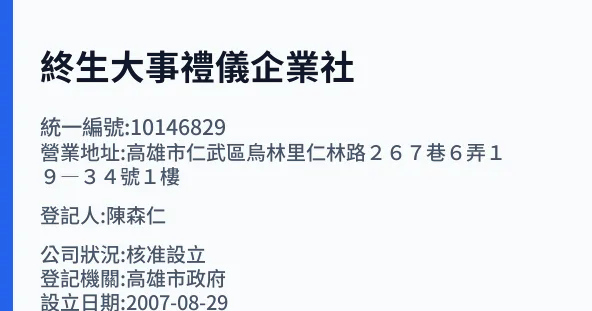 終生大事禮儀企業社的照片-統編 10146829(高雄市) 公司登記資料與營業項目詳細圖表