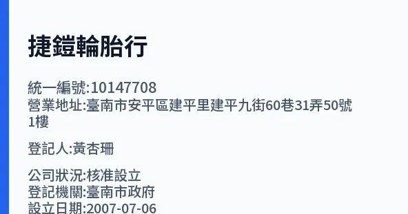 捷鎧輪胎行的照片-統編 10147708(臺南市) 公司登記資料與營業項目詳細圖表