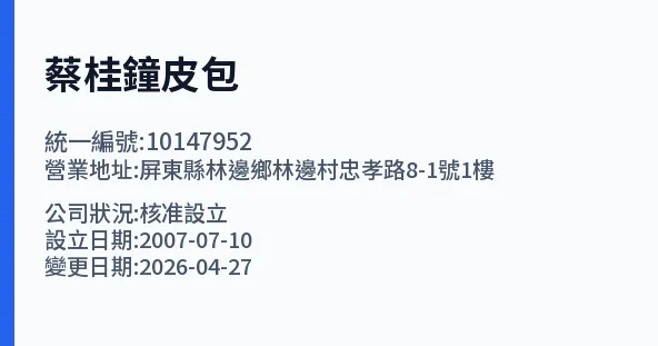 蔡桂鐘皮包的照片-統編 10147952(屏東縣) 公司登記資料與營業項目詳細圖表