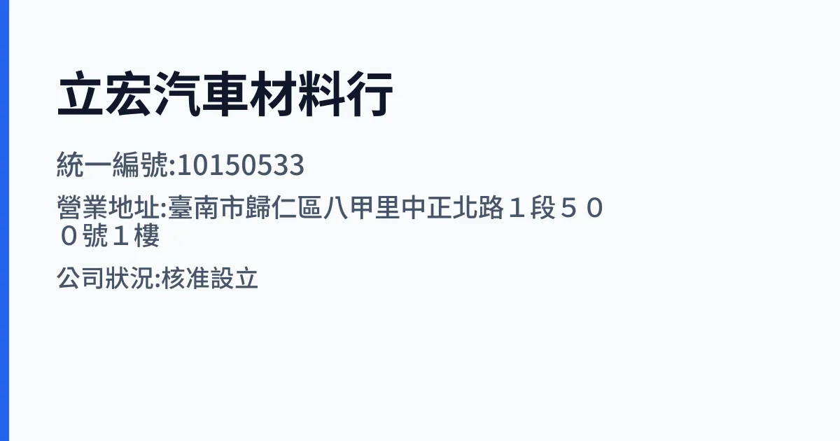 立宏汽車材料行 - 統編 10150533（臺南市） 公司登記資料與營業項目詳細圖表