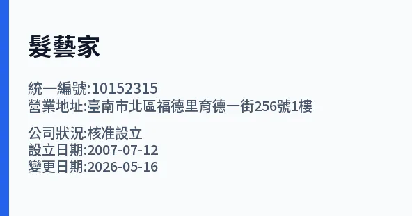 髮藝家的照片-統編 10152315(臺南市) 公司登記資料與營業項目詳細圖表