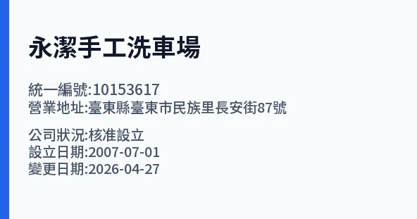 永潔手工洗車場的照片-統編 10153617(臺東縣) 公司登記資料與營業項目詳細圖表