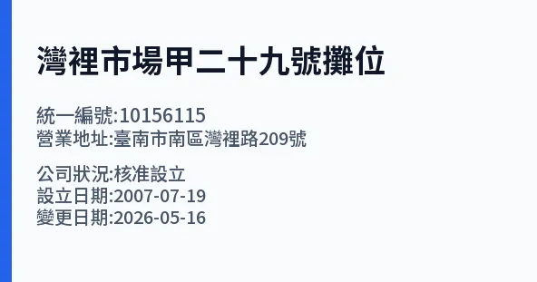 灣裡市場甲二十九號攤位的照片-統編 10156115(臺南市) 公司登記資料與營業項目詳細圖表