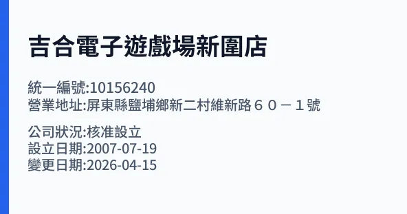 吉合電子遊戲場新圍店的照片-統編 10156240(屏東縣) 公司登記資料與營業項目詳細圖表