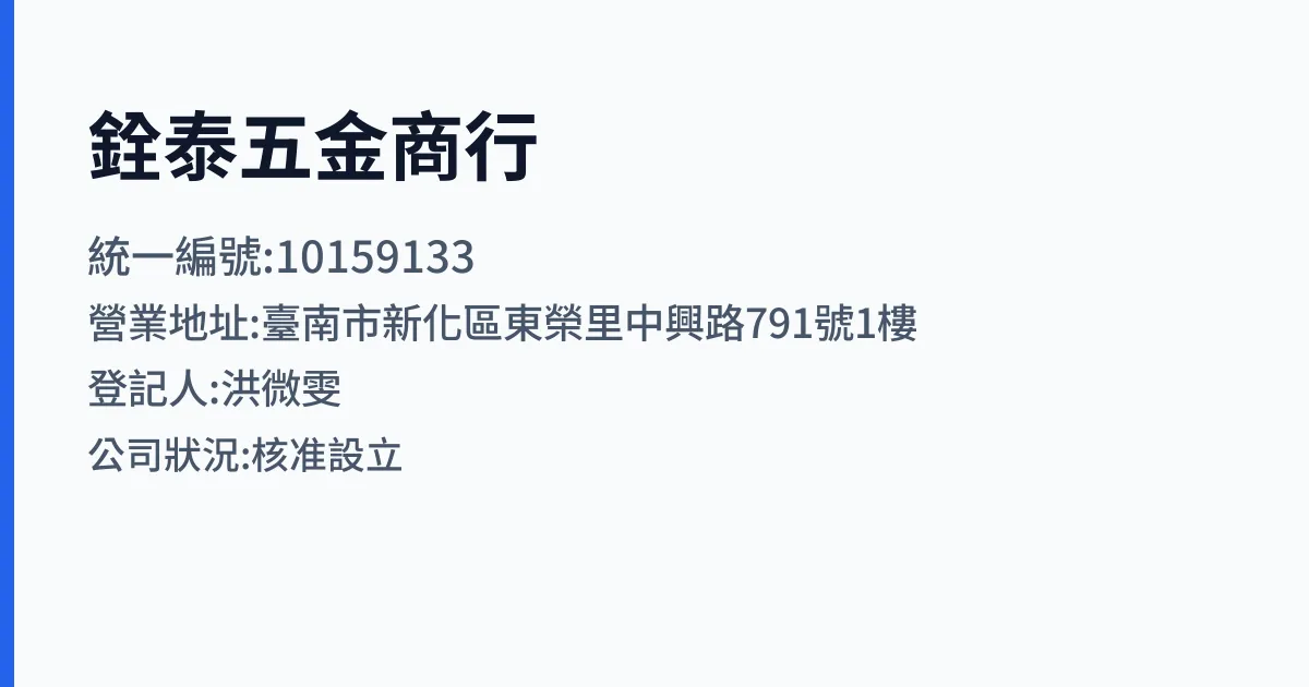 銓泰五金商行 - 統編 10159133(臺南市) 公司登記資料與營業項目詳細圖表