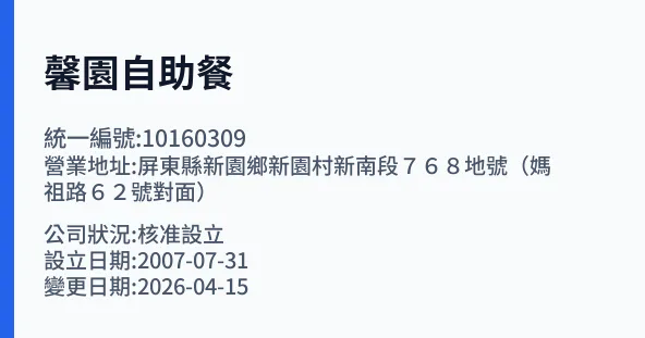馨園自助餐的照片-統編 10160309(屏東縣) 公司登記資料與營業項目詳細圖表