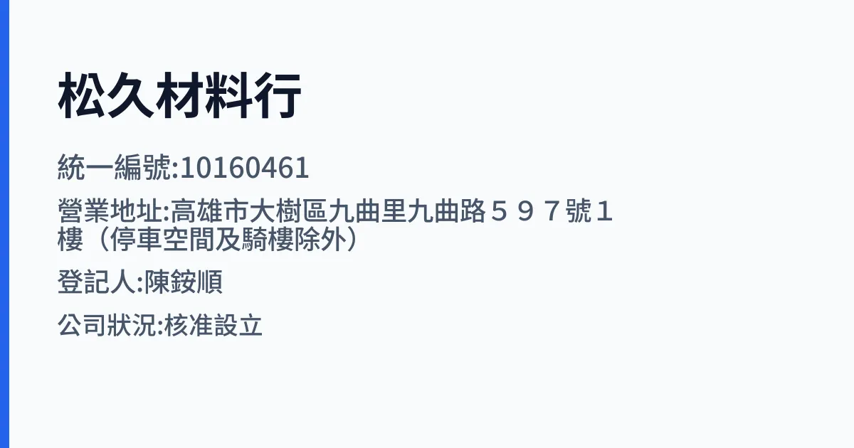 松久材料行 - 統編 10160461(高雄市) 公司登記資料與營業項目詳細圖表
