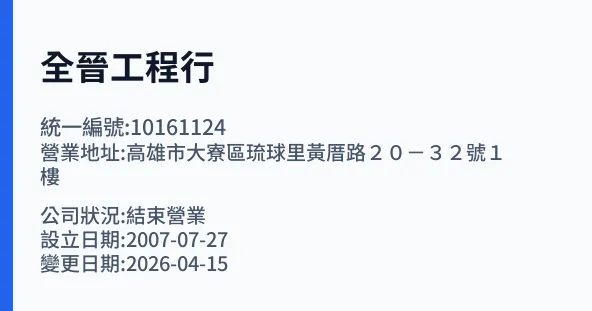 全晉工程行的照片-統編 10161124(高雄市) 公司登記資料與營業項目詳細圖表