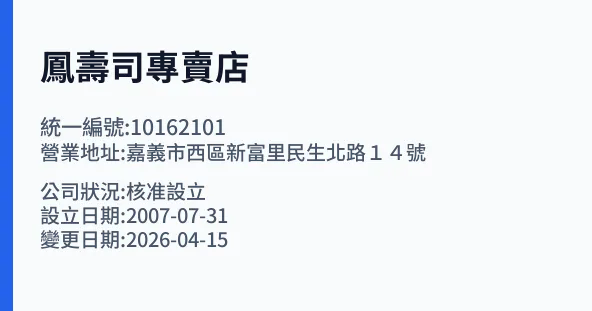 鳳壽司專賣店的照片-統編 10162101(嘉義市) 公司登記資料與營業項目詳細圖表