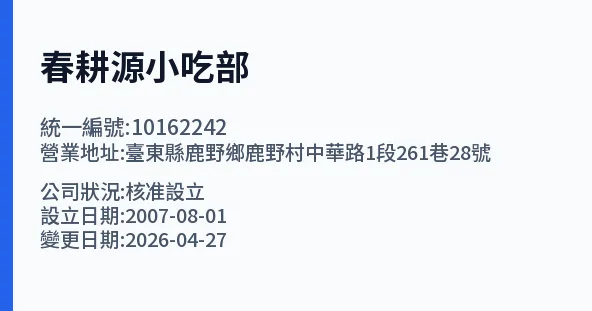 春耕源小吃部的照片-統編 10162242(臺東縣) 公司登記資料與營業項目詳細圖表