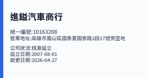 進鎰汽車商行的照片-統編 10163208(高雄市) 公司登記資料與營業項目詳細圖表