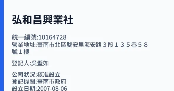 弘和昌興業社的照片-統編 10164728(臺南市) 公司登記資料與營業項目詳細圖表