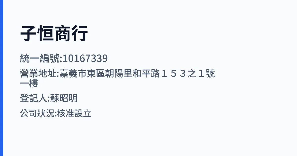 子恒商行 - 統編 10167339(嘉義市) 公司登記資料與營業項目詳細圖表