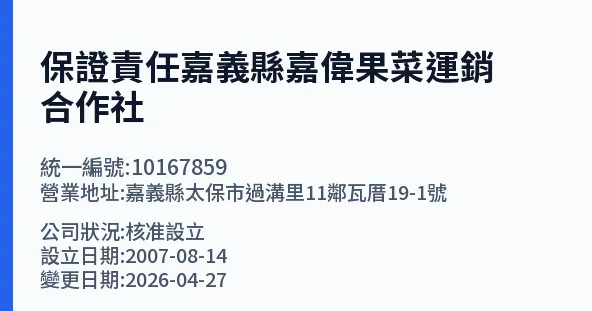 保證責任嘉義縣嘉偉果菜運銷合作社的照片-統編 10167859(嘉義縣) 公司登記資料與營業項目詳細圖表