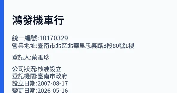 鴻發機車行的照片-統編 10170329(臺南市) 公司登記資料與營業項目詳細圖表