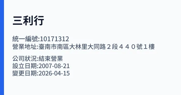 三利行的照片-統編 10171312(臺南市) 公司登記資料與營業項目詳細圖表