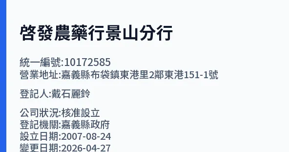 啓發農藥行景山分行的照片-統編 10172585(嘉義縣) 公司登記資料與營業項目詳細圖表