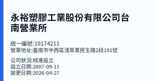永裕塑膠工業股份有限公司台南營業所的照片-統編 10174211(臺南市) 公司登記資料與營業項目詳細圖表