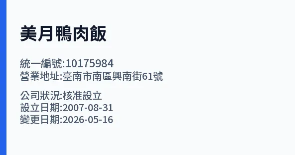 美月鴨肉飯的照片-統編 10175984(臺南市) 公司登記資料與營業項目詳細圖表