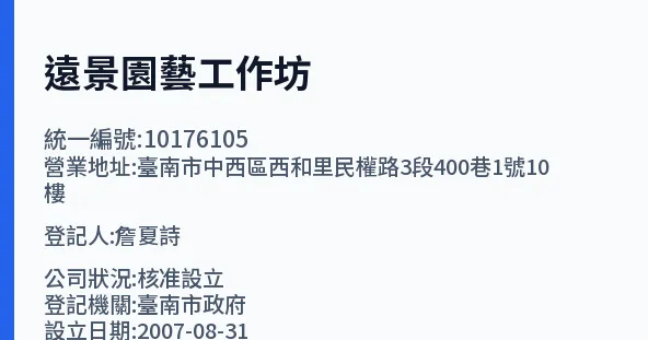 遠景園藝工作坊的照片-統編 10176105(臺南市) 公司登記資料與營業項目詳細圖表