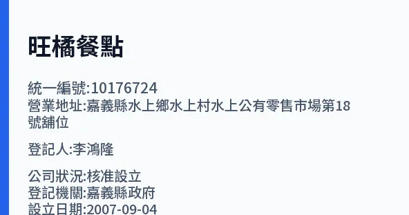 旺橘餐點的照片-統編 10176724(嘉義縣) 公司登記資料與營業項目詳細圖表