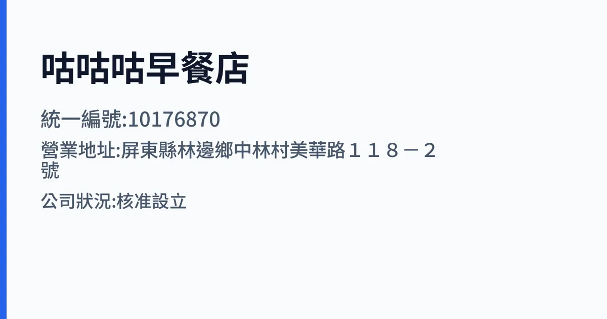 咕咕咕早餐店 - 統編 10176870(屏東縣) 公司登記資料與營業項目詳細圖表