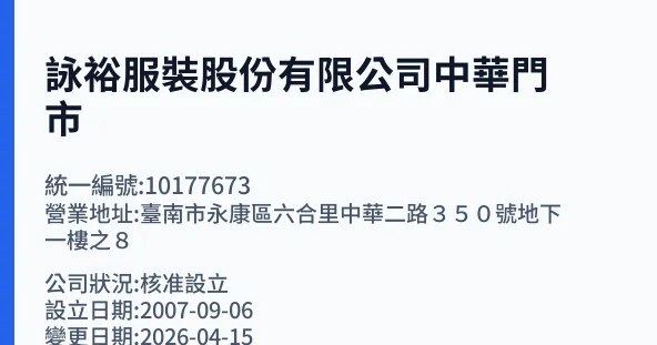 詠裕服裝股份有限公司中華門市的照片-統編 10177673(臺南市) 公司登記資料與營業項目詳細圖表