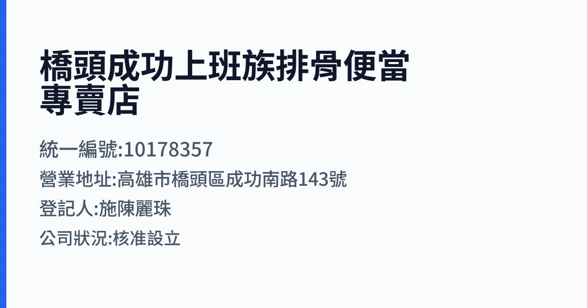 橋頭成功上班族排骨便當專賣店 - 統編 10178357(高雄市) 公司登記資料與營業項目詳細圖表