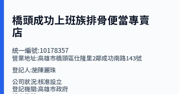 橋頭成功上班族排骨便當專賣店的照片-統編 10178357(高雄市) 公司登記資料與營業項目詳細圖表