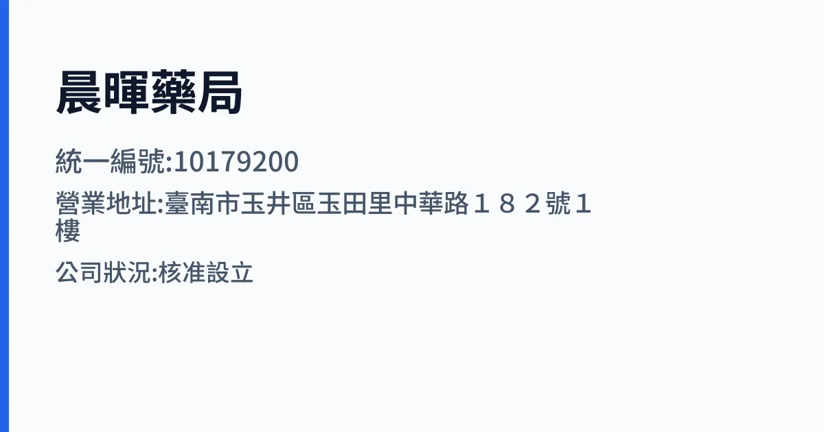 晨暉藥局 - 統編 10179200(臺南市) 公司登記資料與營業項目詳細圖表