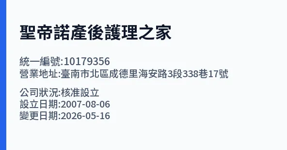 聖帝諾產後護理之家的照片-統編 10179356(臺南市) 公司登記資料與營業項目詳細圖表