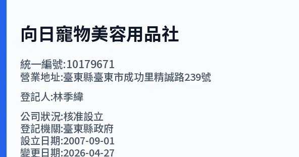 向日寵物美容用品社的照片-統編 10179671(臺東縣) 公司登記資料與營業項目詳細圖表