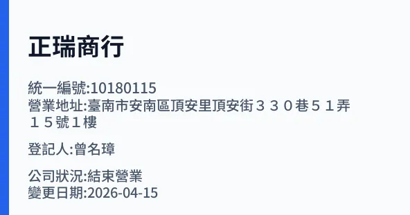 正瑞商行的照片-統編 10180115(臺南市) 公司登記資料與營業項目詳細圖表