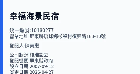 幸福海景民宿的照片-統編 10180277(屏東縣) 公司登記資料與營業項目詳細圖表