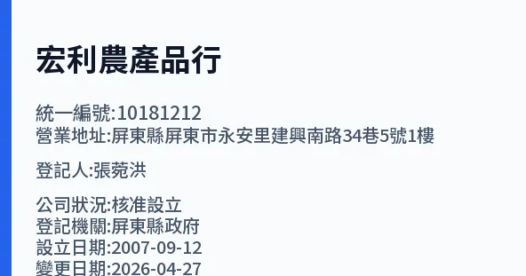宏利農產品行的照片-統編 10181212(屏東縣) 公司登記資料與營業項目詳細圖表