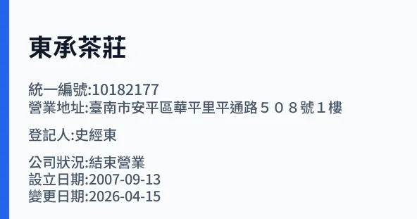 東承茶莊的照片-統編 10182177(臺南市) 公司登記資料與營業項目詳細圖表