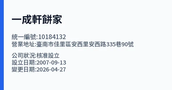 一成軒餅家的照片-統編 10184132(臺南市) 公司登記資料與營業項目詳細圖表