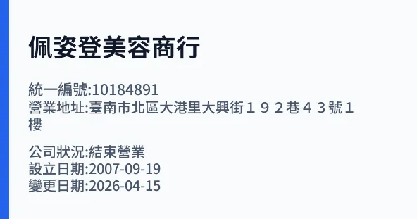 佩姿登美容商行的照片-統編 10184891(臺南市) 公司登記資料與營業項目詳細圖表