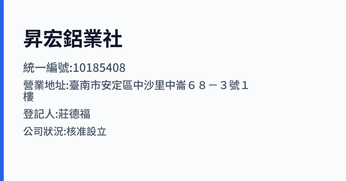 昇宏鋁業社 - 統編 10185408(臺南市) 公司登記資料與營業項目詳細圖表
