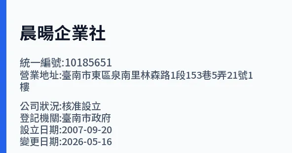 晨暘企業社的照片-統編 10185651(臺南市) 公司登記資料與營業項目詳細圖表