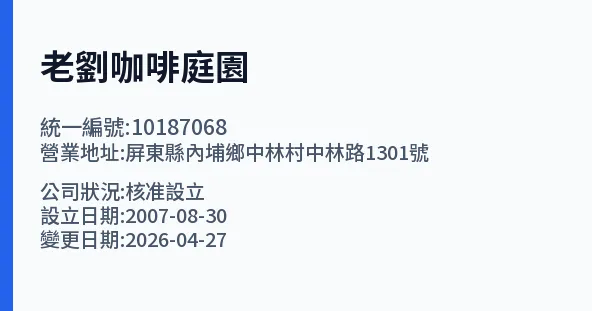 老劉咖啡庭園的照片-統編 10187068(屏東縣) 公司登記資料與營業項目詳細圖表