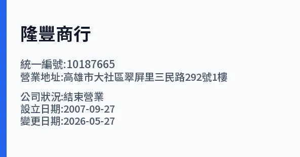 隆豐商行的照片-統編 10187665(高雄市) 公司登記資料與營業項目詳細圖表