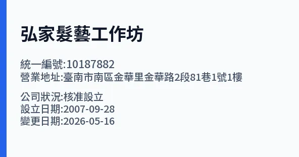 弘家髮藝工作坊的照片-統編 10187882(臺南市) 公司登記資料與營業項目詳細圖表