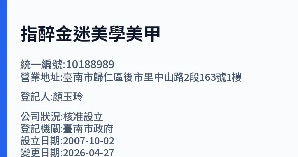 指醉金迷美學美甲的照片-統編 10188989(臺南市) 公司登記資料與營業項目詳細圖表