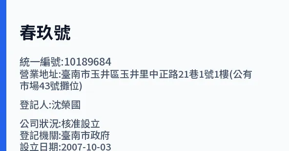 春玖號的照片-統編 10189684(臺南市) 公司登記資料與營業項目詳細圖表