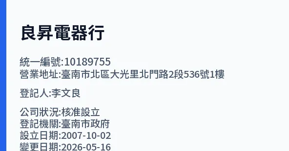 良昇電器行的照片-統編 10189755(臺南市) 公司登記資料與營業項目詳細圖表