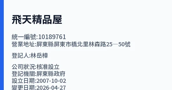 飛天精品屋的照片-統編 10189761(屏東縣) 公司登記資料與營業項目詳細圖表