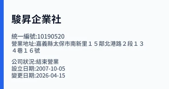 駿昇企業社的照片-統編 10190520(嘉義縣) 公司登記資料與營業項目詳細圖表