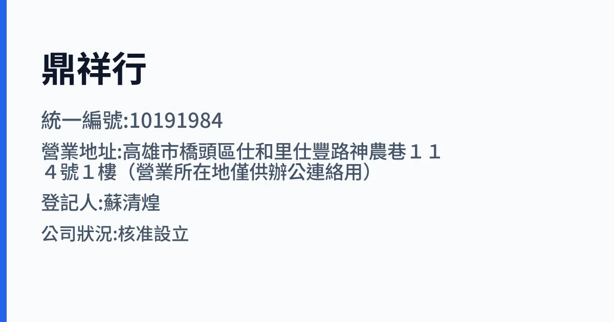 鼎祥行 - 統編 10191984(高雄市) 公司登記資料與營業項目詳細圖表